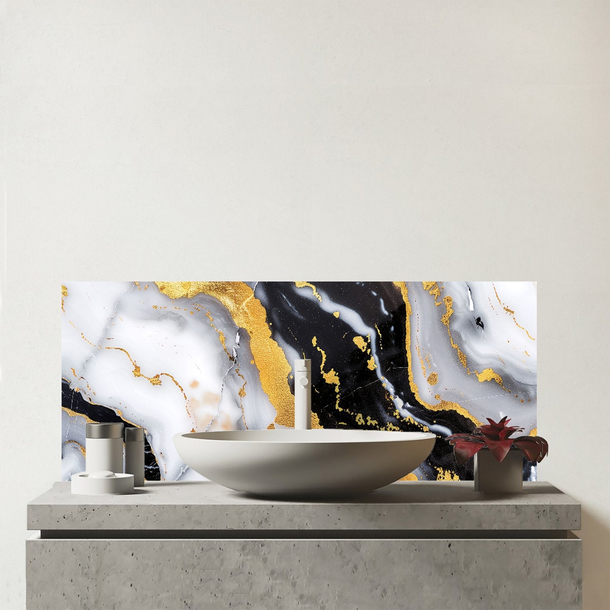 White Backed With Gold Marble Effect Glass Bathroom Splashback ...